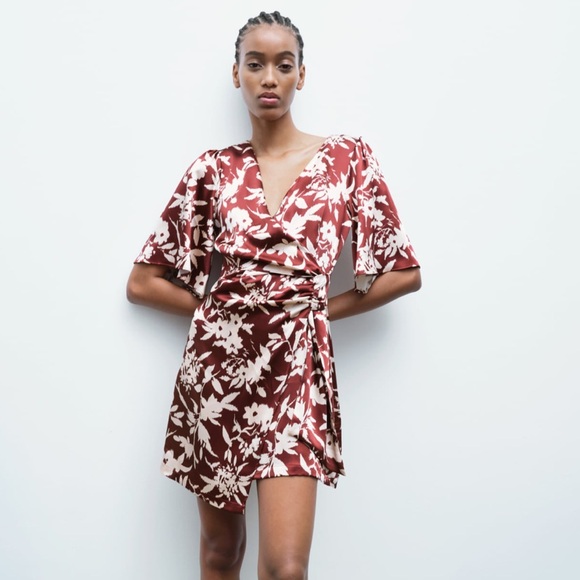 Zara | Dresses | Zara Burgundy Floral Wrap Dress | Poshmark